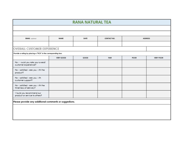 Customer Feedback Form for Rana Tea | PDF