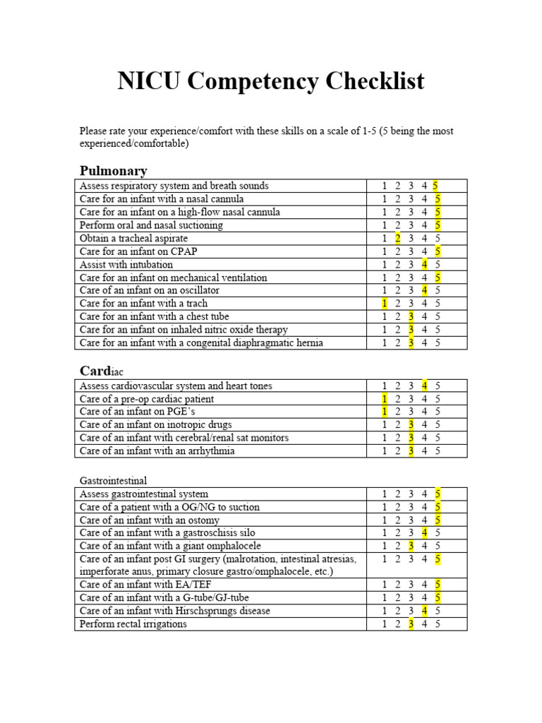 NICU Competency Checklist-Blank | PDF | Clinical Medicine | Medical ...