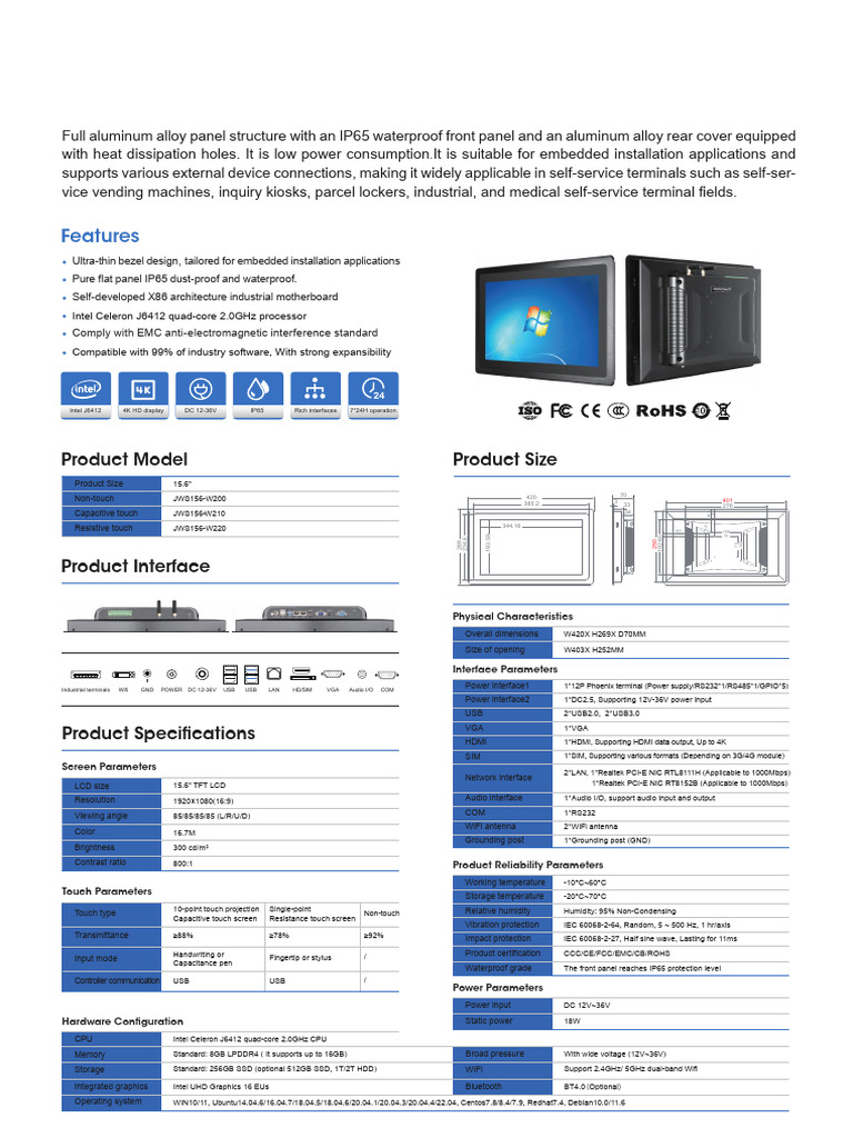 Data Sheet of 15.6 Inch 3mm Bezel Embedded X86 J6412 Industrial Panel PC | PDF | Usb | Hdmi