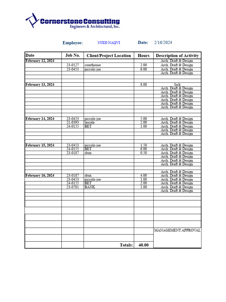 Timesheet 02.16.24 | PDF | Technology & Engineering