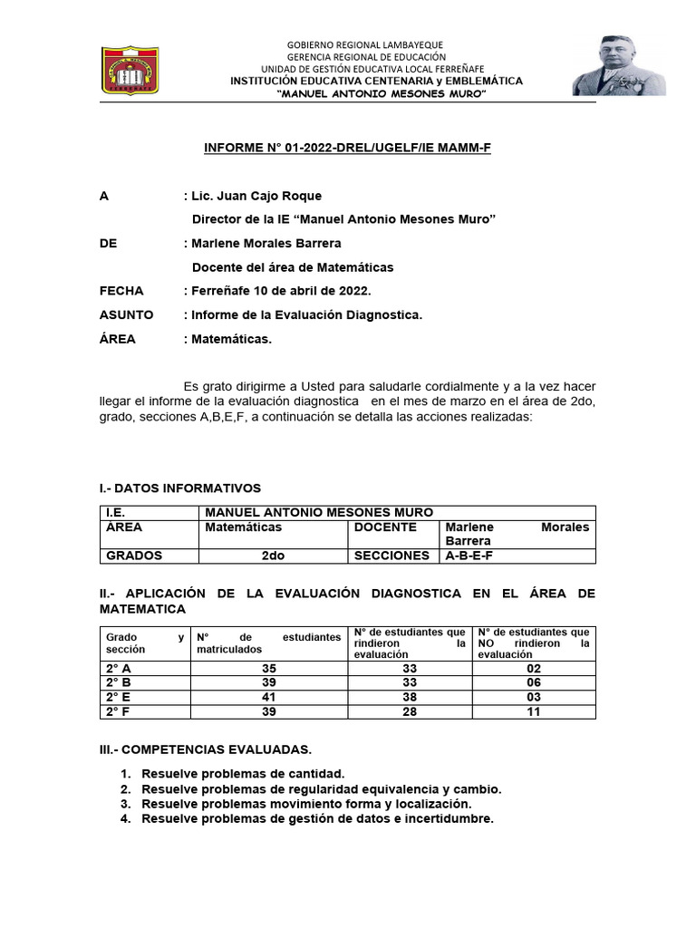 INFORME EVALUACION DIAGNOSTICA CARPETA DE RECUPERACION MATEMATICA 2do A, B, E, F | PDF ...