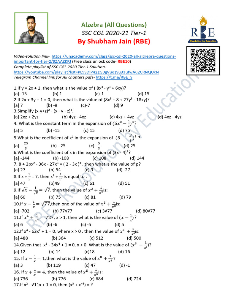 Alzebra (English) - SSC CGL 2020 by Shubham Jain (Rbe) | PDF | Algebra
