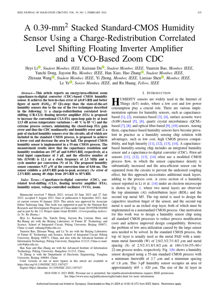 A 0 39 Mm2 Stacked Standard Cmos Humidity Sensor Using A Charge Redistribution Correlated Level