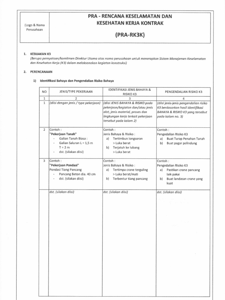 Contoh Pra - Rencana K3 Kontrak | PDF