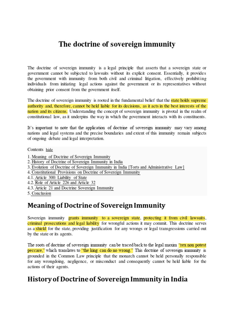 The Doctrine of Sovereign Immunity | PDF | Sovereign Immunity | Tort