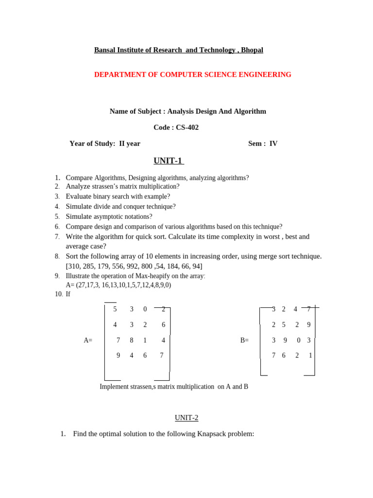 ADA Imp. Questions | PDF | Dynamic Programming | Algorithms