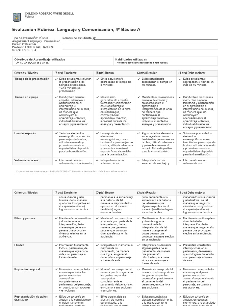 Evaluacion Rubrica Lenguaje y Comunicacion 4o Basico A 5453087 | PDF ...
