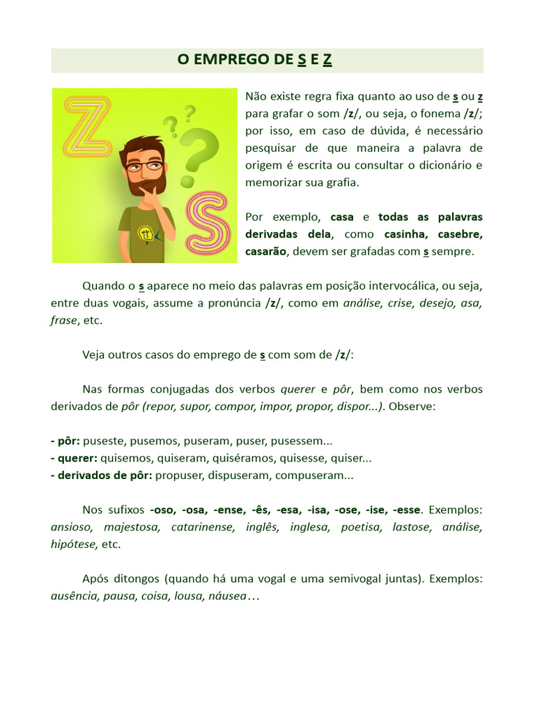 USO de S E Z (7º Ano) - Conteúdo e Atividade | PDF | Vogal | Palavra