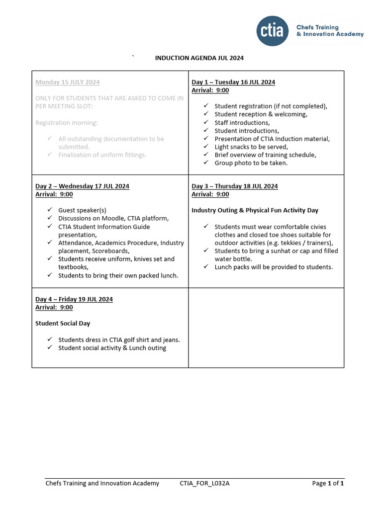 Induction Week Agenda Students Jul 2024 | PDF