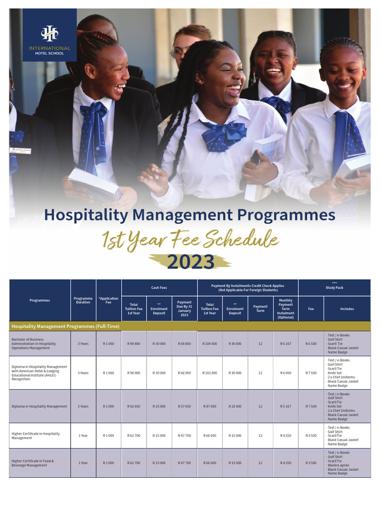 Hospitality 1st Year 2023 Fee Sheet | PDF