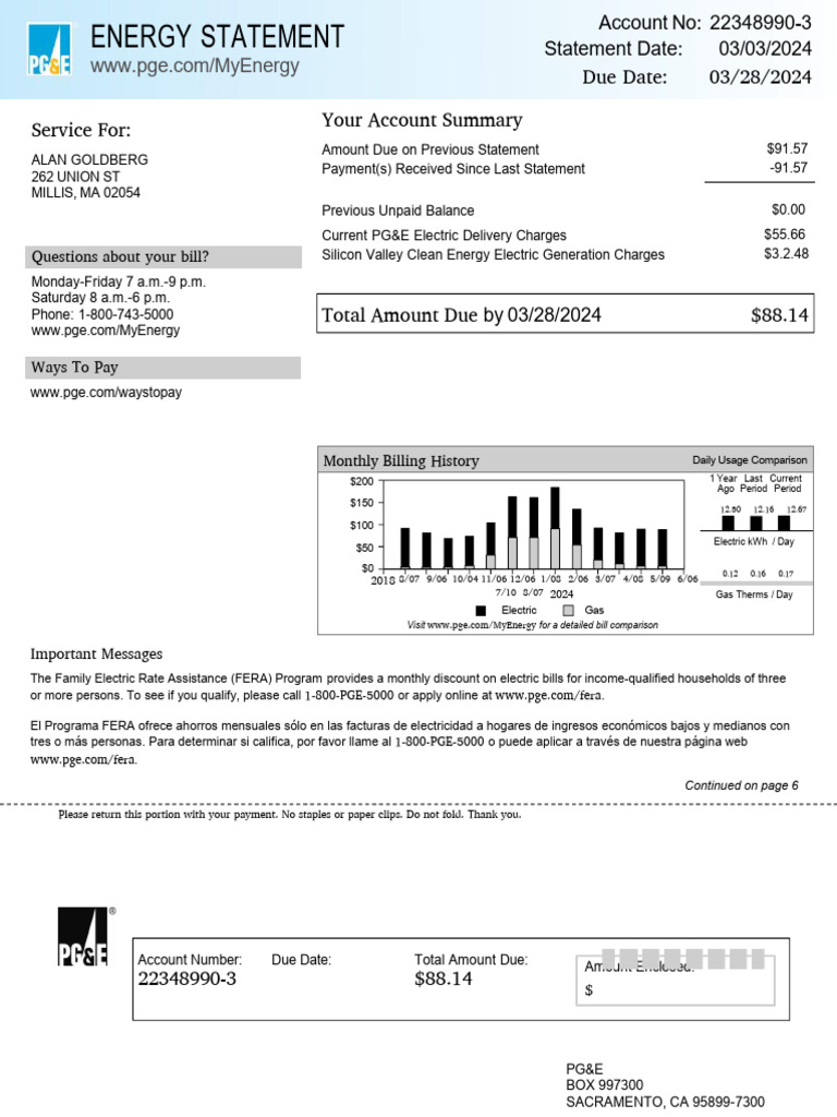 PG&E Energy Statement March 2024 | PDF | Pacific Gas And Electric Company | Fee