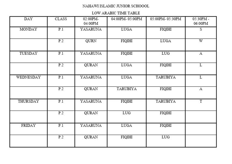 Arabic Lower Time Table | PDF