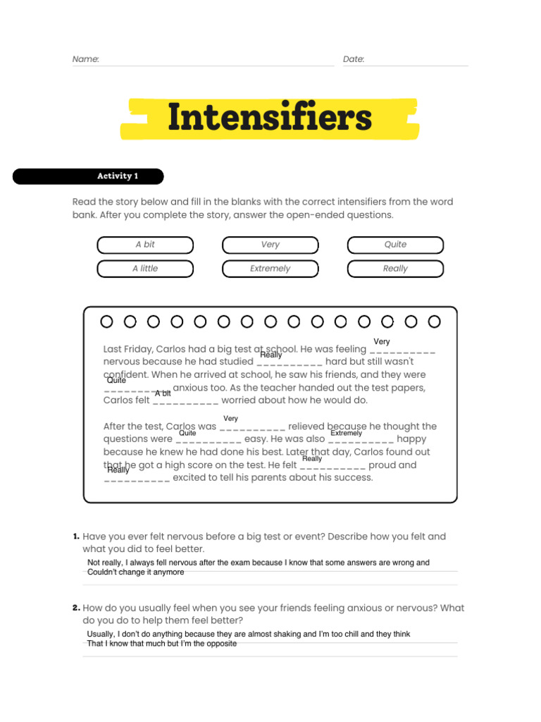 Intensifiers and Emotions Worksheet | PDF
