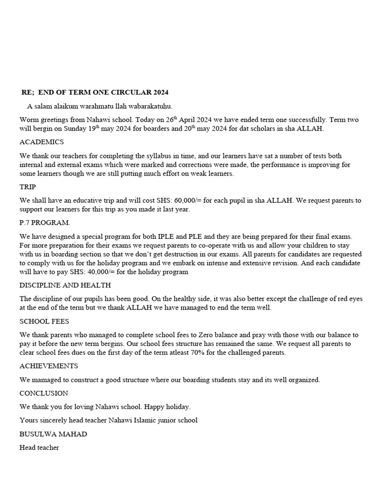 Circular End of Term One 2024 | PDF