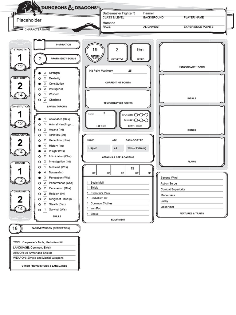 Battlemaster Fighter 3 Character Sheet | PDF | Gaming | Role Playing Games