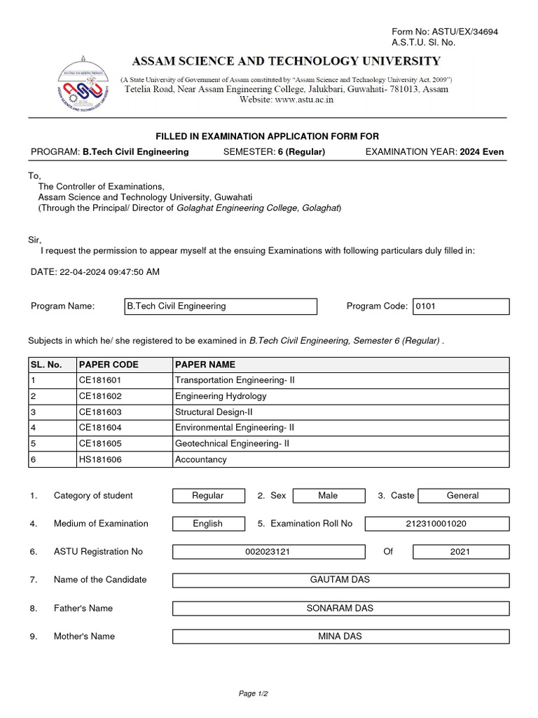 Filled in Examination Application Form For: Page 1/2 | PDF