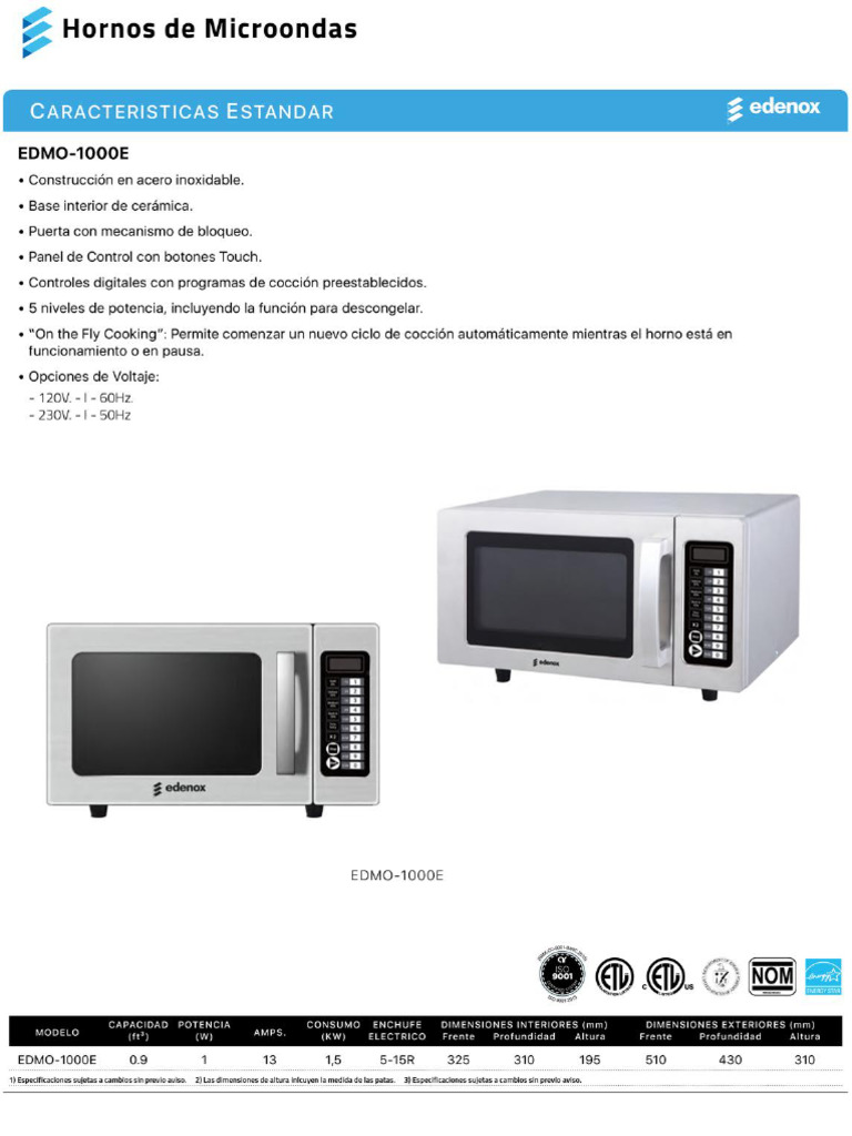 Horno de Microondas Touch Electronico Con 10 Memorias Fijas Adenox Edmo 1000e 1667502511 | PDF