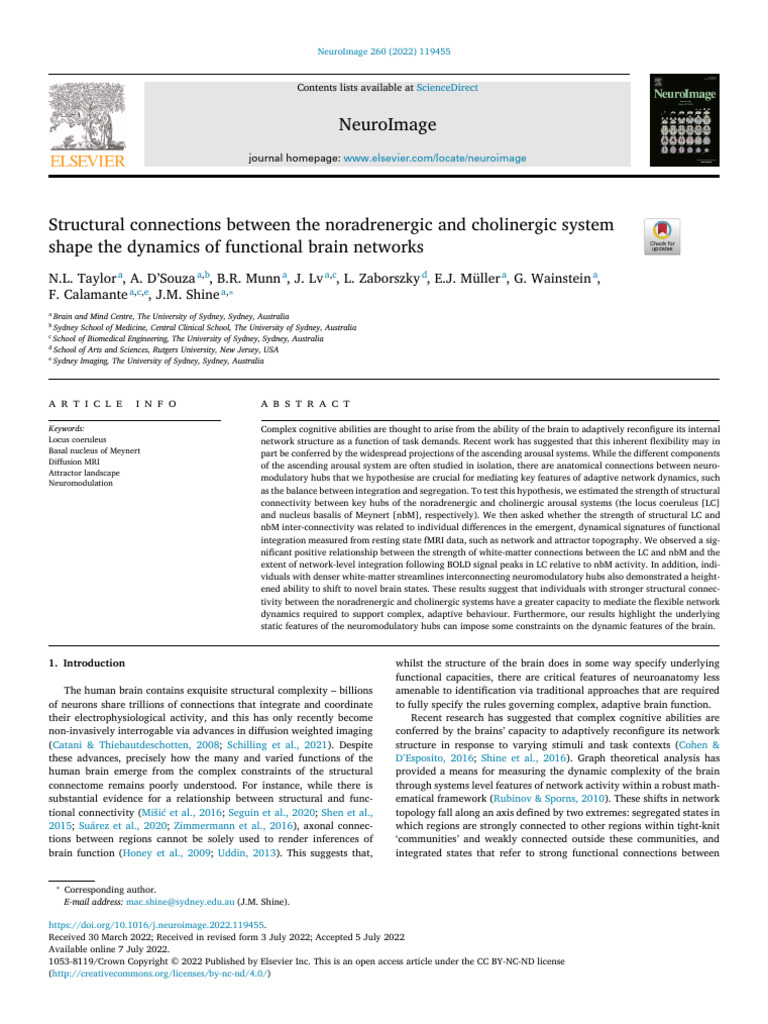 Structural Connections Between The Noradrenergic and Cholinergic - 2022 ...