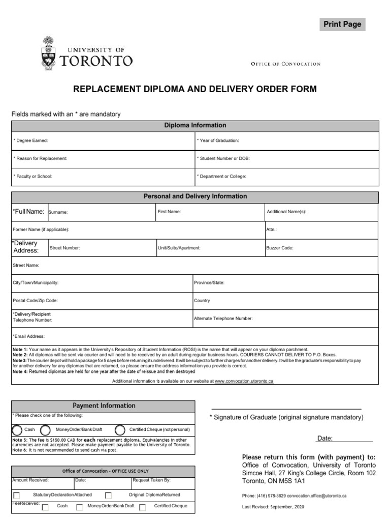 Fillable Replacement Diploma Order Form - Sept 2020 | PDF | Cheque ...