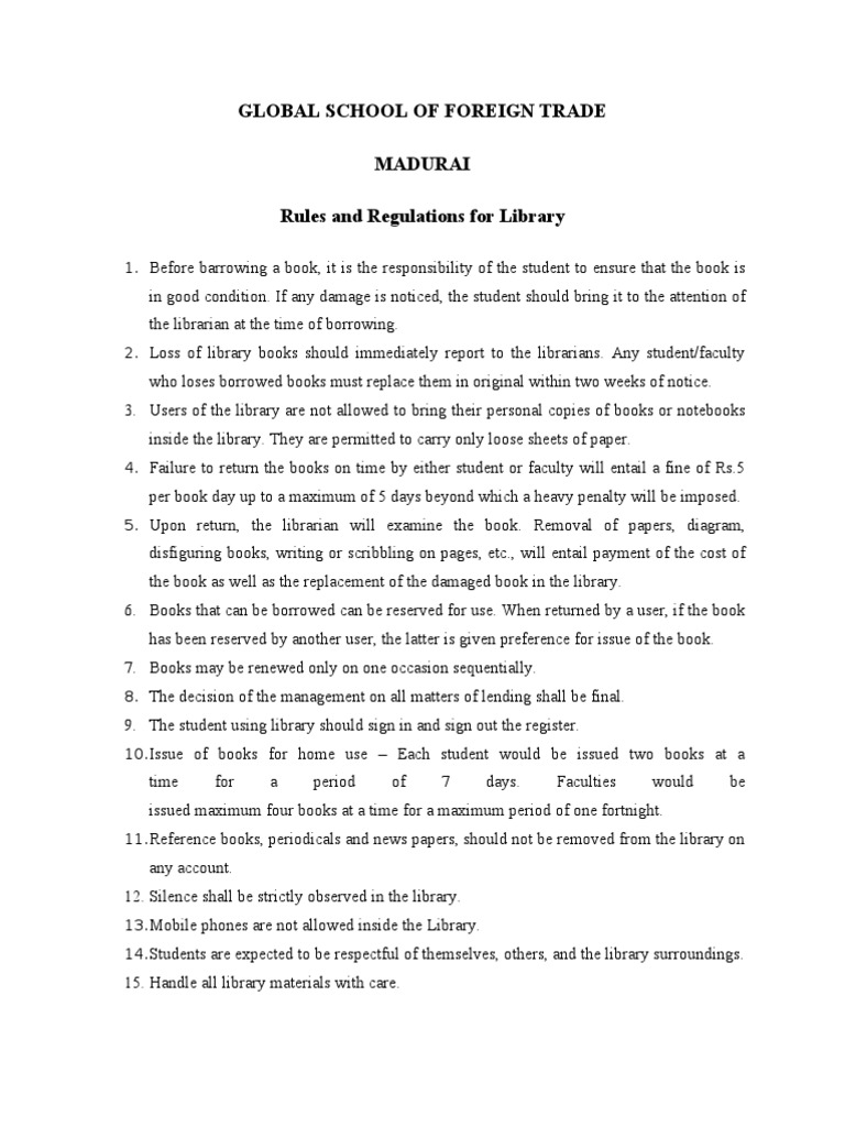 Rules and Regulations To Be Followed in Library | PDF | Books | Libraries