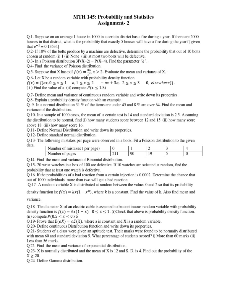 MTH145 Assignment-2 UNIT-2 | PDF | Probability Density Function | Variance