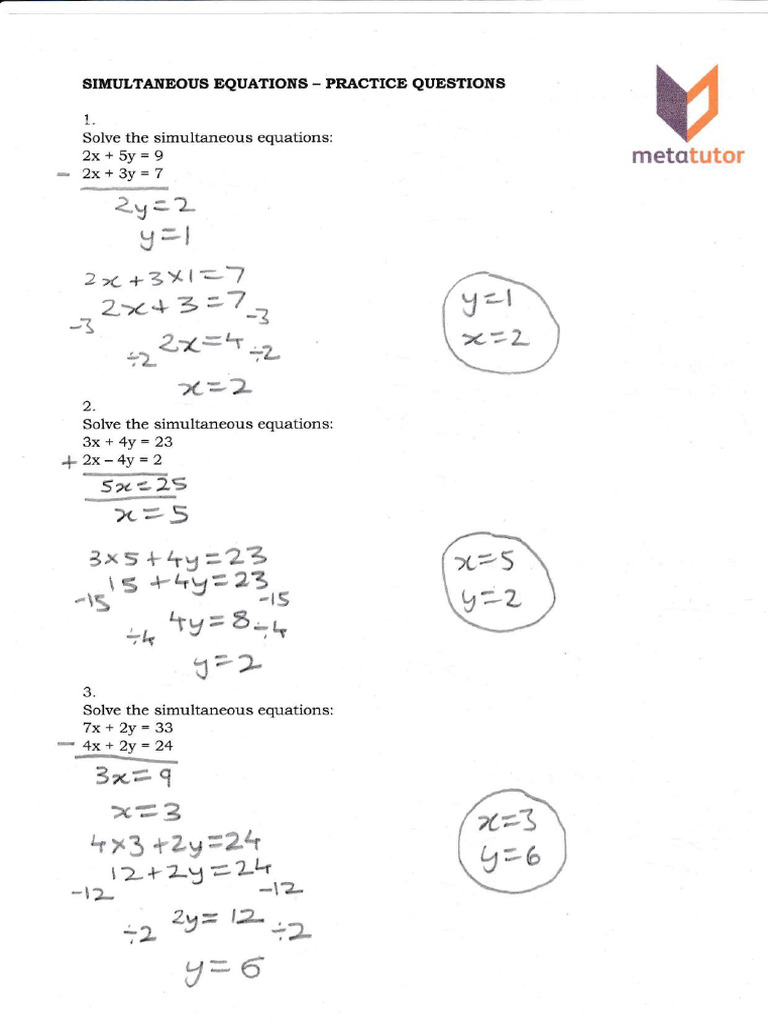 Simultaneous Equations Solutions | PDF | Equations | Mathematical Objects