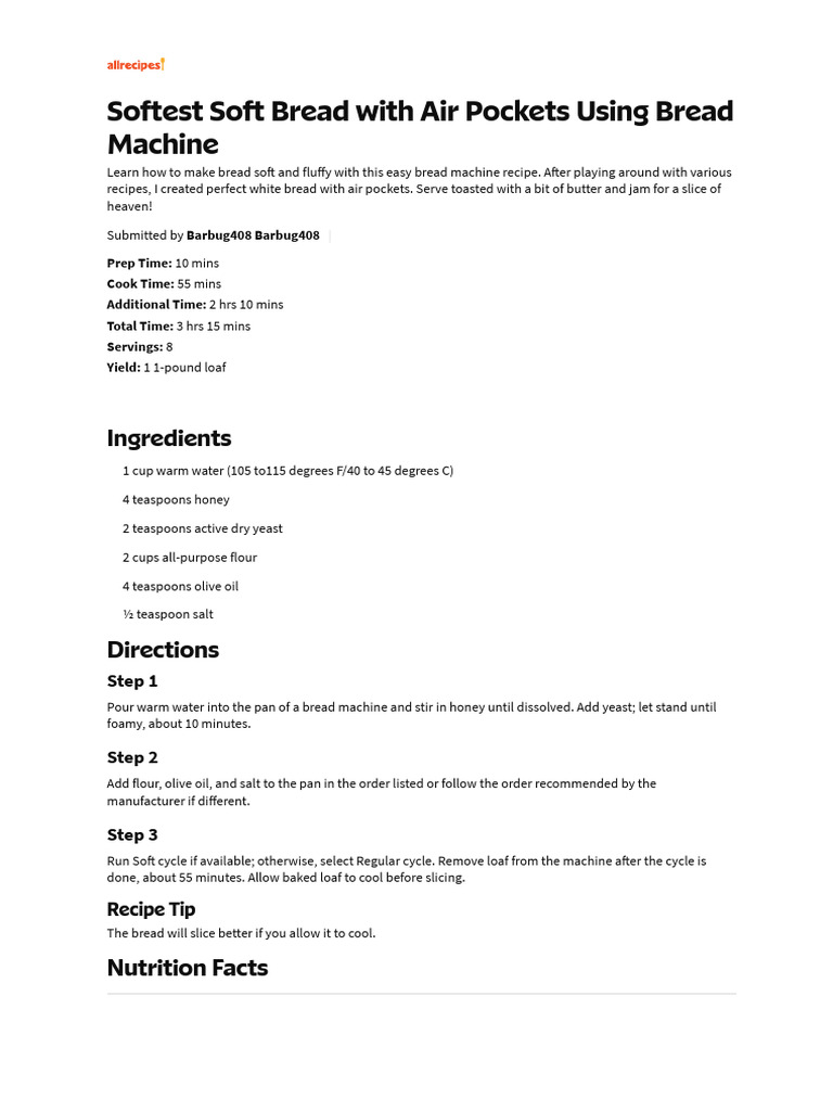 Soft Bread Machine Recipe with Air Pockets | PDF | Cooking, Food & Wine