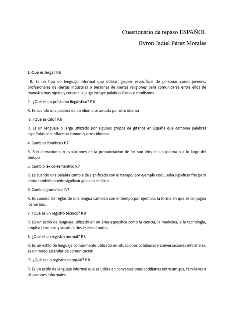 Cuestionario de Repaso ESPAÑOL | PDF | Metro (poesía) | Lengua española