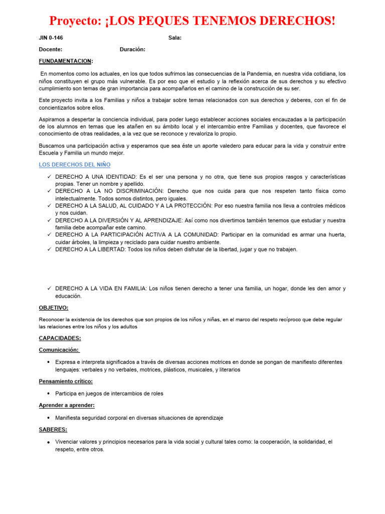 Proyecto Derechos de Los Niños 2022 | PDF | Aprendizaje