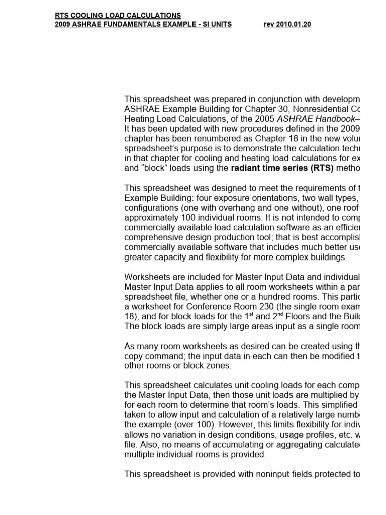 RTS Heating and Cooling Loads Examples SI Units Rev 2010-01-20 | PDF | Spreadsheet | Worksheet