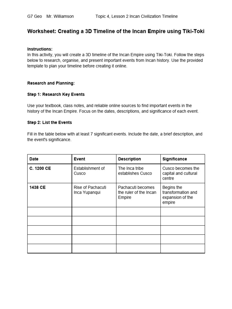Worksheet - Creating A 3D Timeline of The Incan Empire Using Tiki-Toki ...