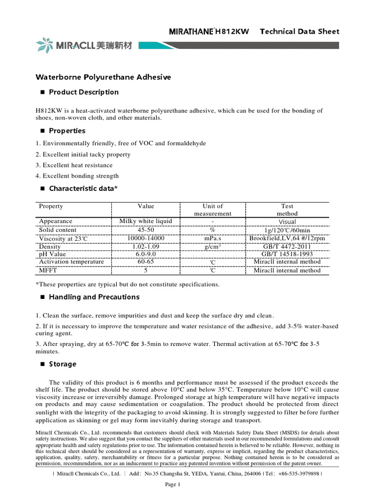 Miracll Chemicals Technical Data Sheet | PDF | Adhesive | Water