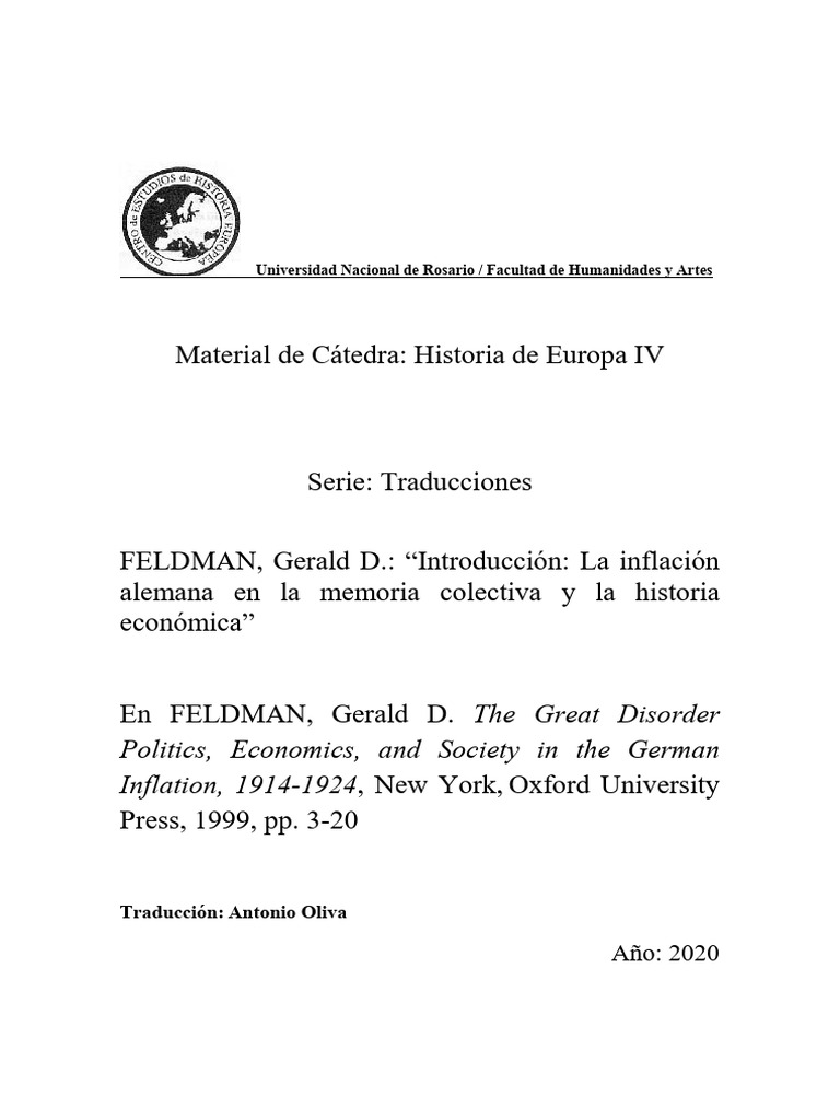 Gerald D. Feldman Traducción Introducción | PDF | Monetarismo | Dinero