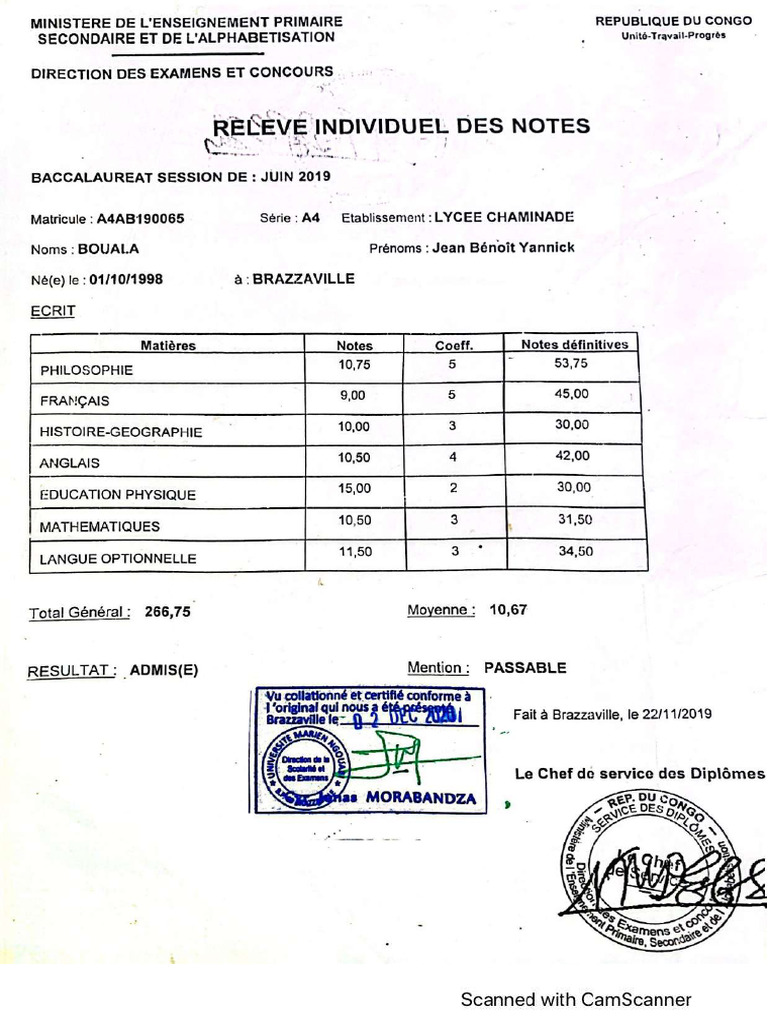 Attestation de Réussite Et Le Relevé Des Notes Du Bac de Jean Benoit ...