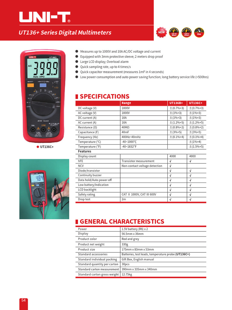Specifications: UT136+ Series Digital Multimeters | PDF | Physical Quantities | Manufactured Goods