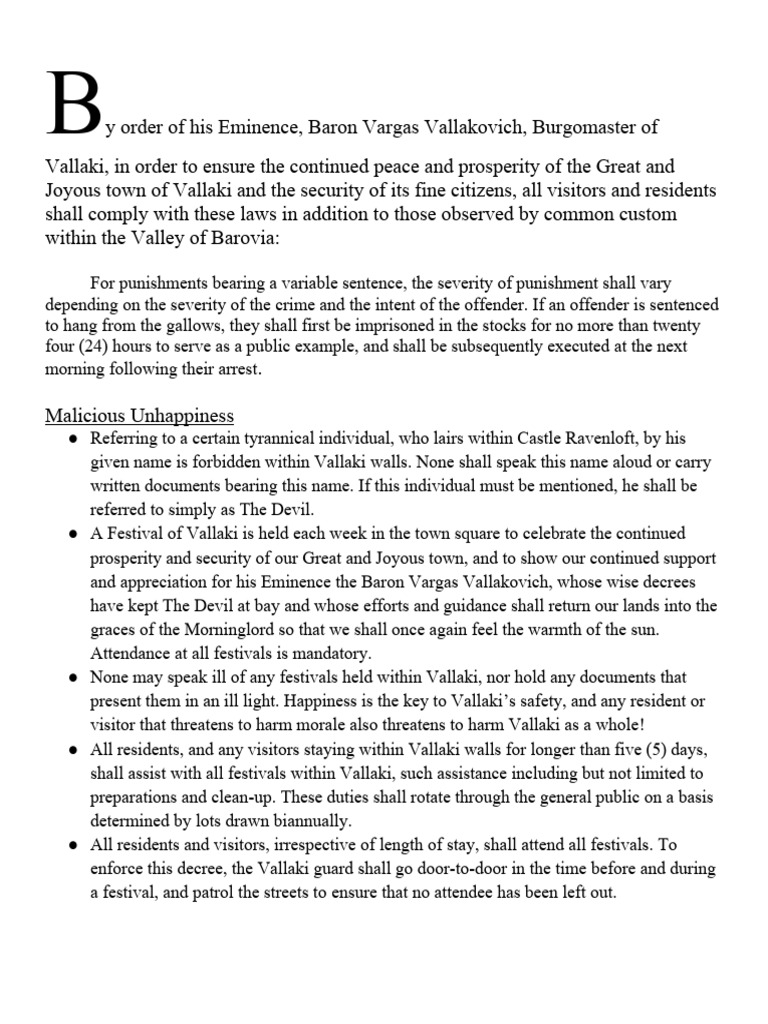 Laws of Vallaki | PDF | Crimes | Crime & Violence