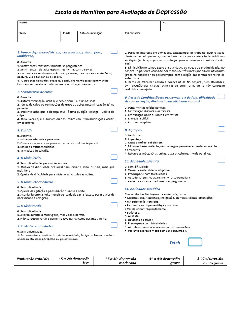 Avaliação da Depressão: Escala de Hamilton | PDF | Depressão | Causas ...