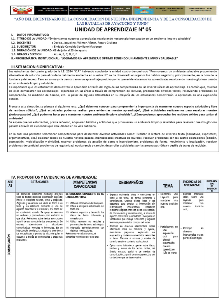 Unidad de Aprendizaje #05 - Cuarto Grado - 2024 F.4D | PDF | Alimentos | Multiplicación