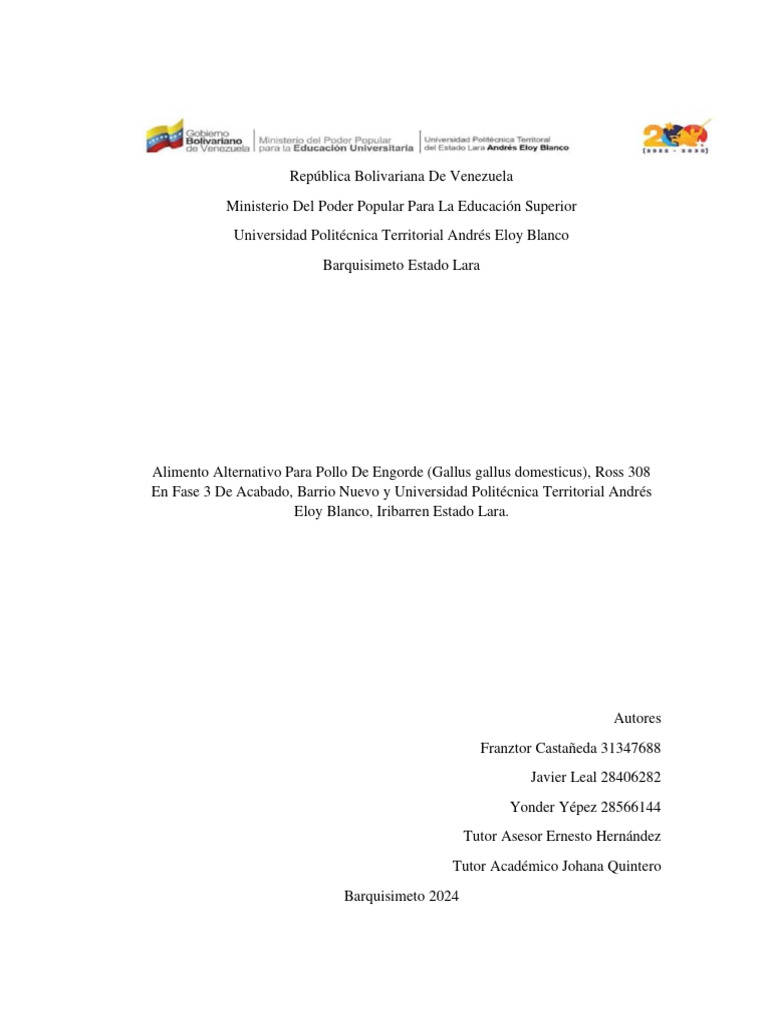 Proyecto Academico Elaboracion de Alimento Alternantivo para Pollo ROSS ...