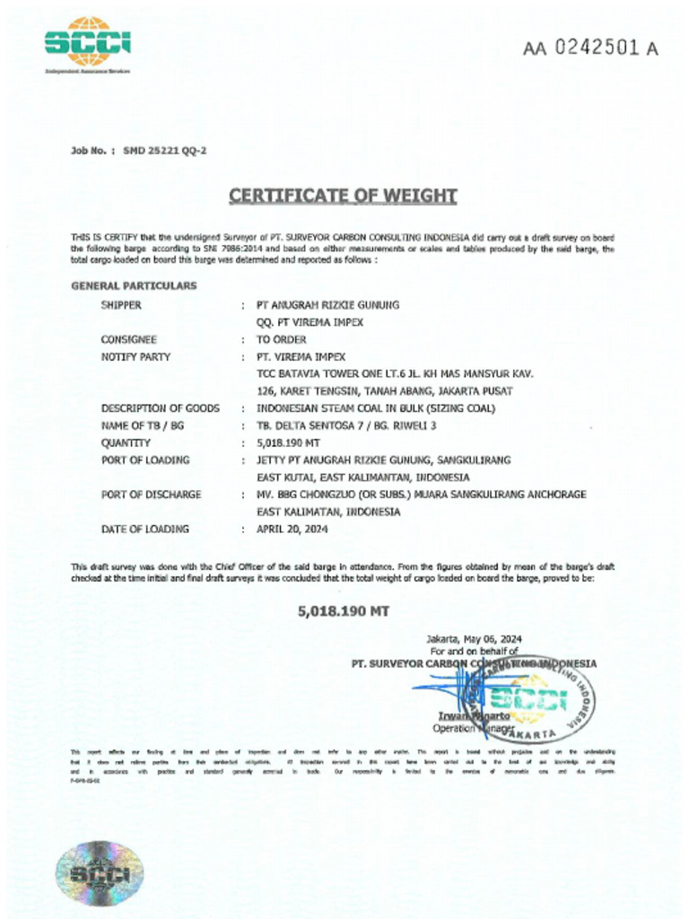 Copy Scan Certificate SMD 25221 Qq-2 - Pt. Arg - Bg. Riweli 3 | PDF