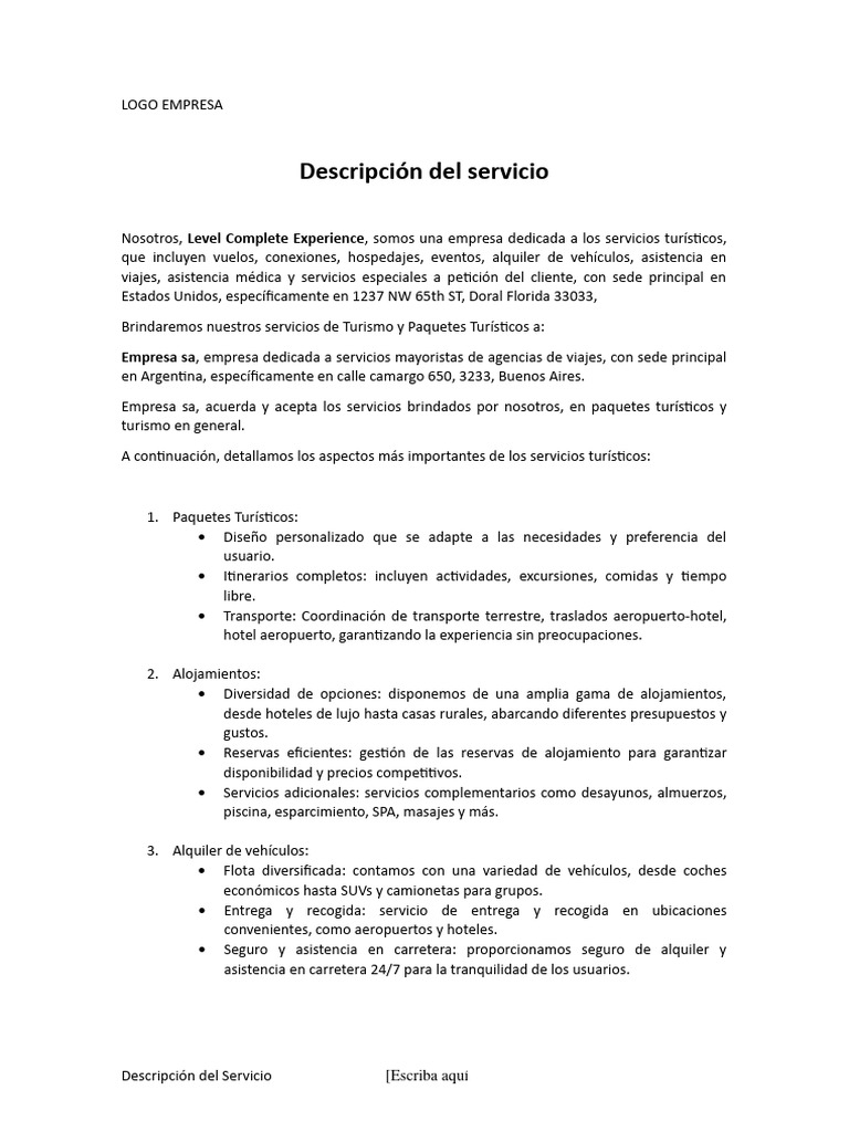Descripción Del Servicio de Turismo | PDF | Calidad (comercial) | Turismo
