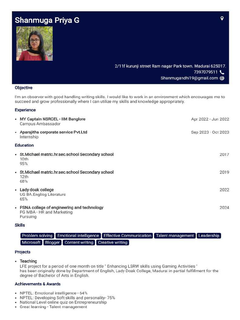 Shanmuga Priya G Resume | PDF