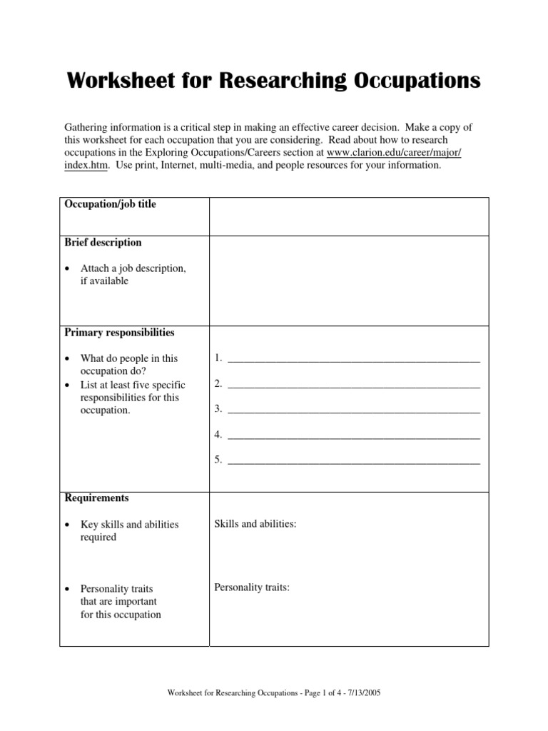 Occupation Research Worksheet Guide | PDF | Employment | Labor