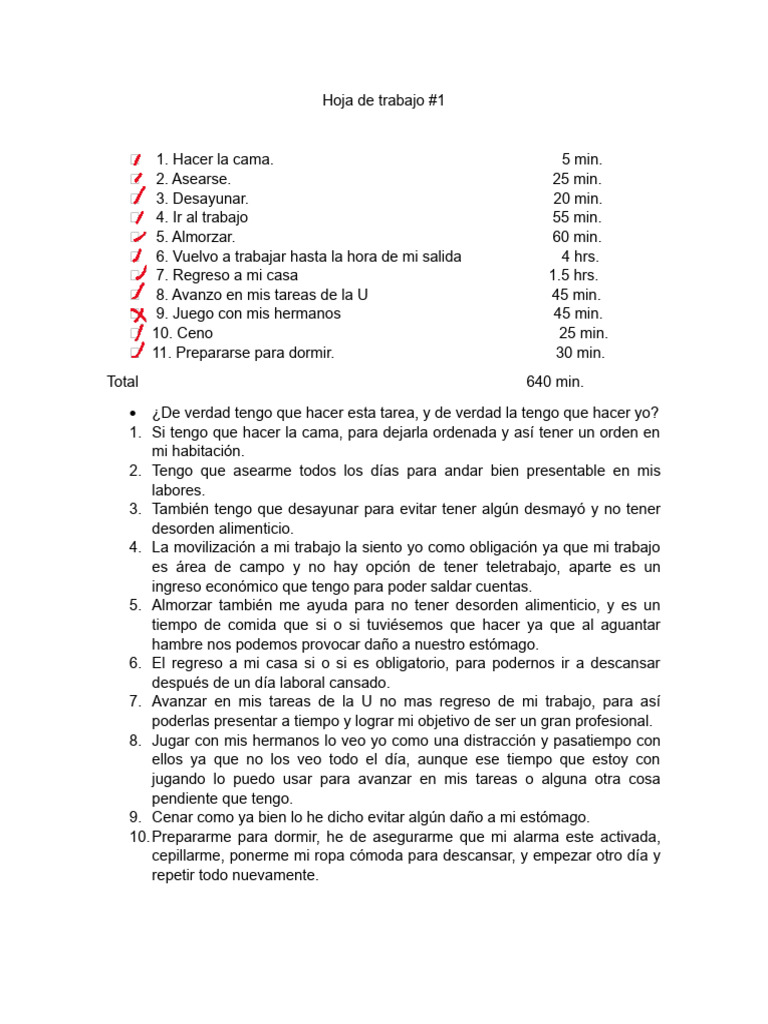 Hoja de Trabajo 1 Tareas Diarias | PDF | Salud y bienestar