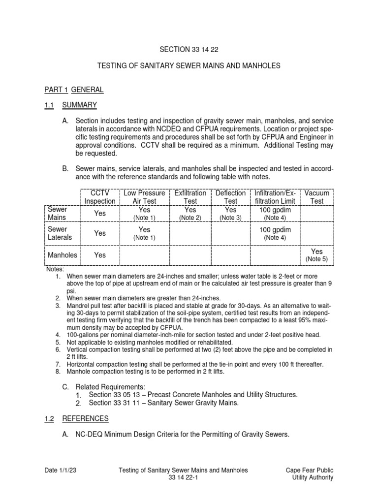 33 14 22 Testing of Sanitary Sewer Mains and Manholes ...