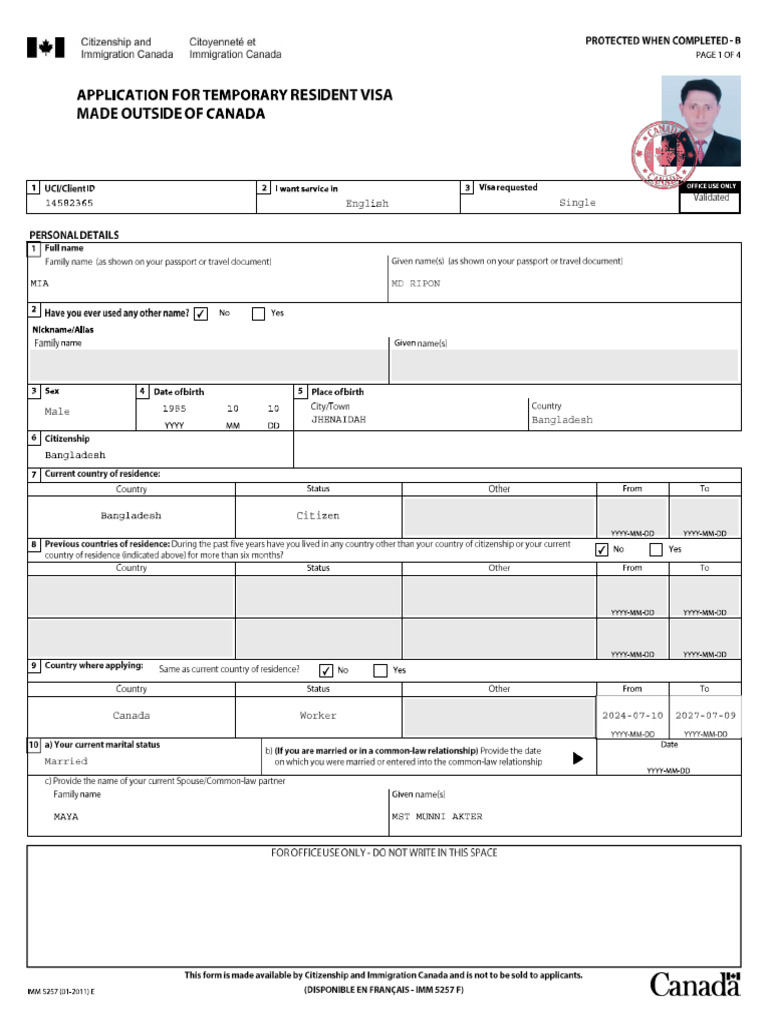 MD Ripon Mia Canada Work Visa Application Form | PDF