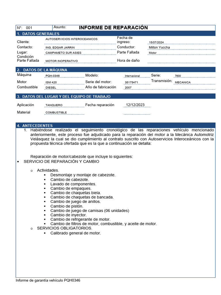 Informe Tecnico Reparacion de Motor | PDF | Máquinas | Tecnología del motor