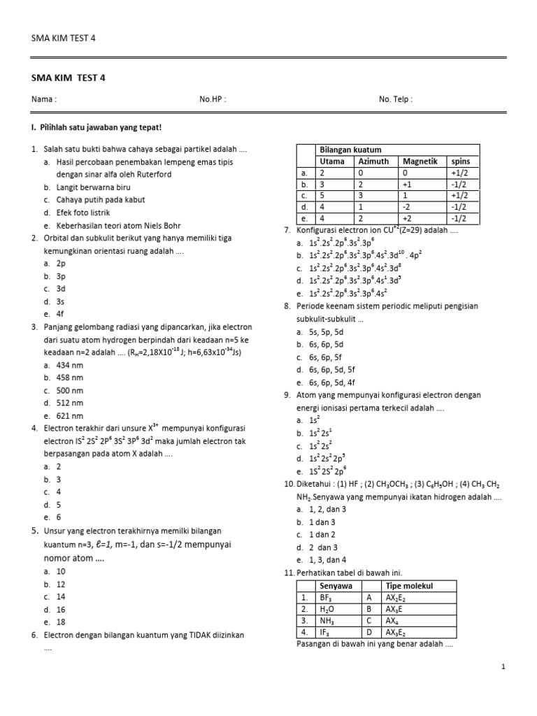 SMA KIM Test 4 | PDF | Sains & Matematika