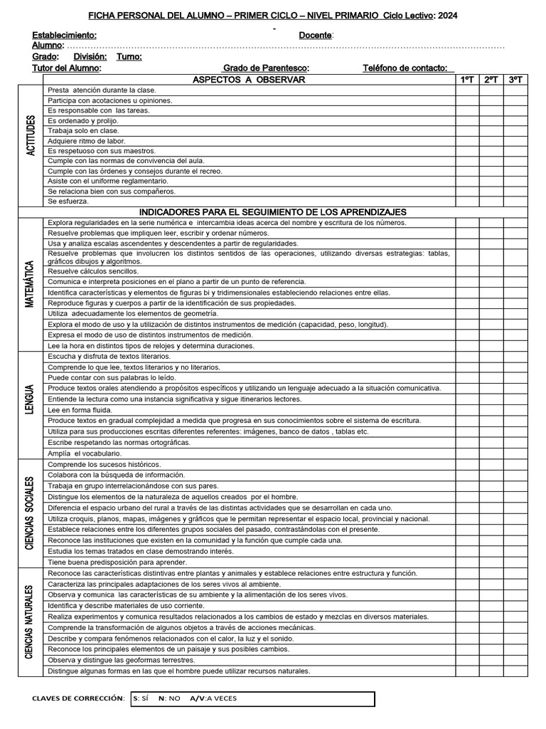Ficha Legajo Del Alumno Primer Ciclo | PDF