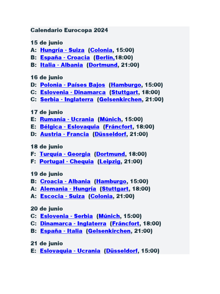 Calendario Eurocopa 2024 | PDF
